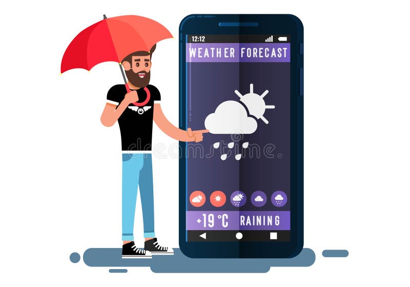 Man with Umbrella Standing in Large Smartphone Stock Illustration ...