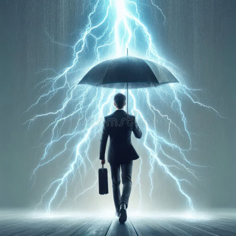 A Man with an Umbrella Under a Lightning Strike. Stock Photo - Image of ...