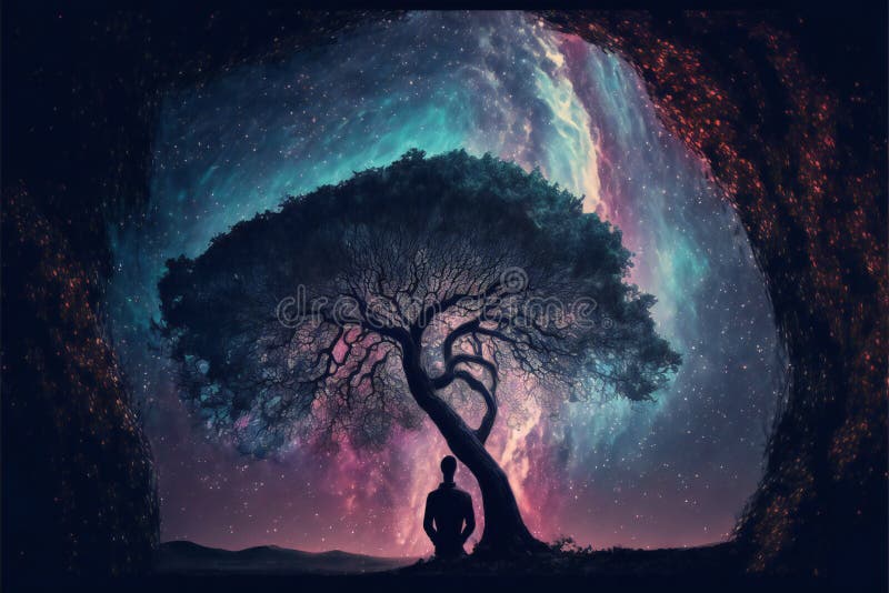Man Under a Tree in Front of the Universe, Digital Illustration ...