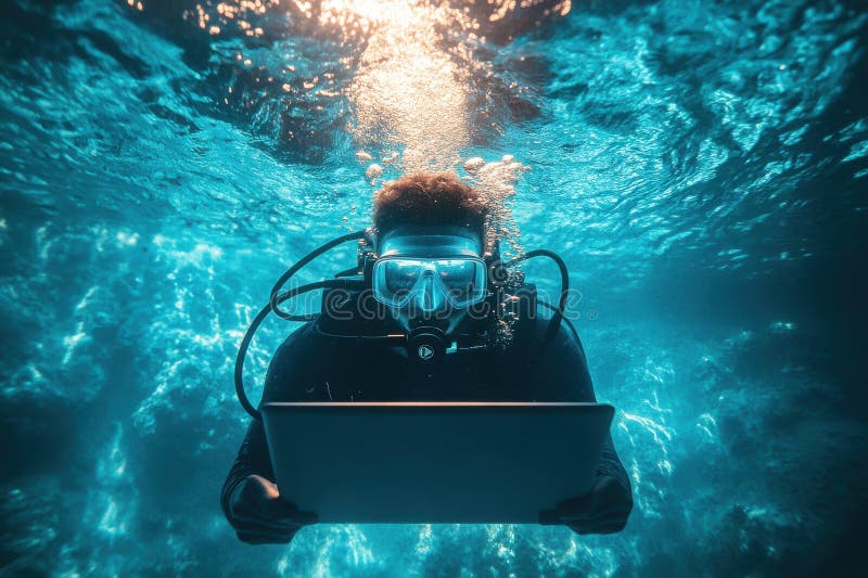 A Man is Underwater Holding a Laptop Stock Photo - Image of sport ...