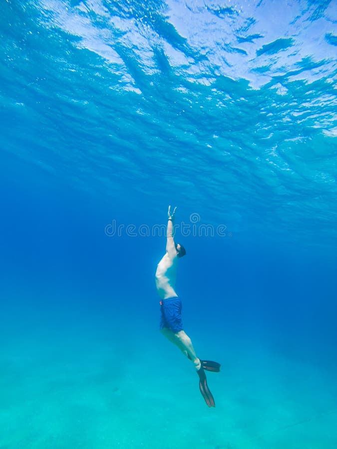 Man Underwater in Scuba Mask Diving Under Water Stock Photo - Image of ...