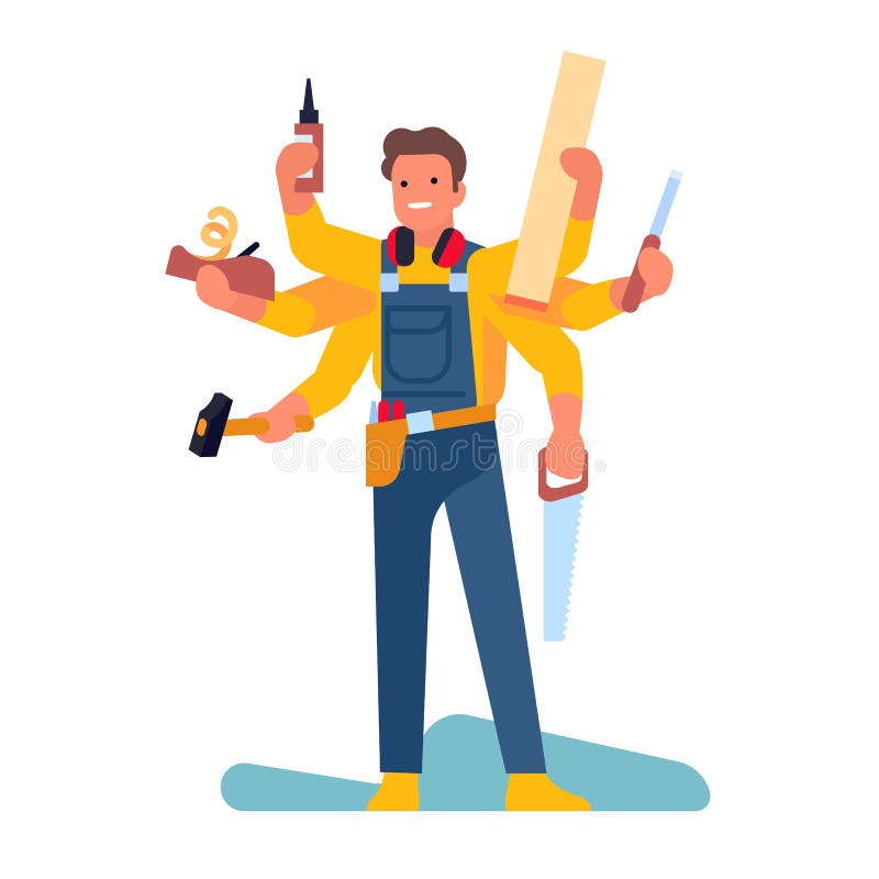 Man in Uniform with Carpentry Tools. Multitasking Worker. Carpenter ...