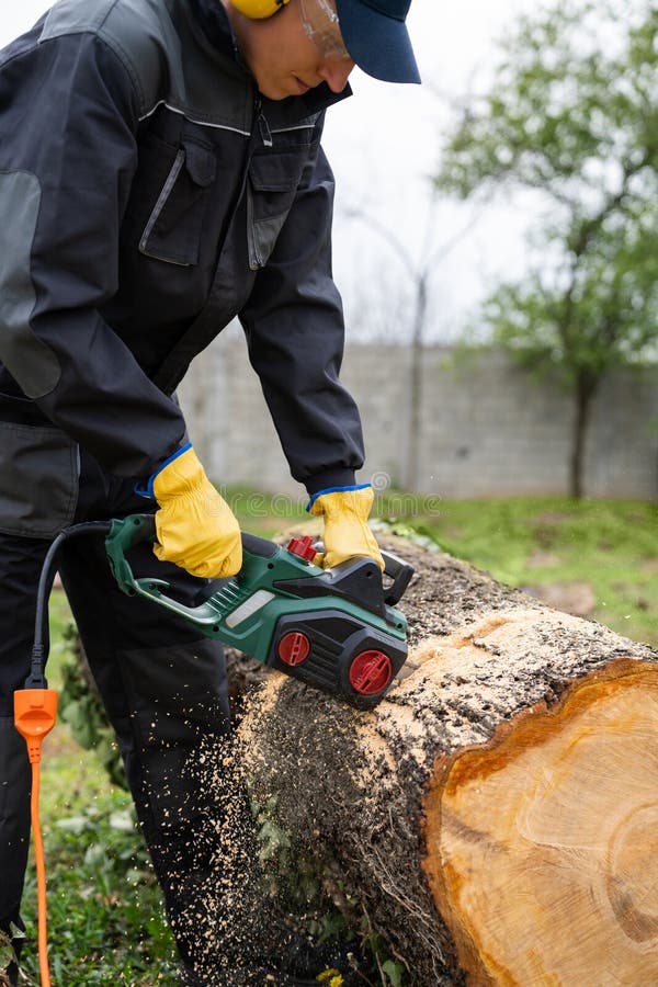 A Man in Uniform Cuts an Old Tree in the Yard with an Electric Saw ...