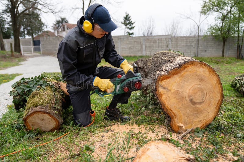 A Man in Uniform Cuts an Old Tree in the Yard with an Electric Saw ...