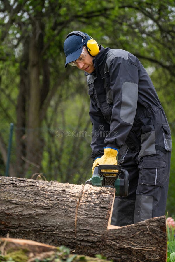 A Man in Uniform Cuts an Old Tree in the Yard with an Electric Saw ...
