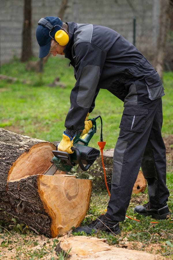 A Man in Uniform Cuts an Old Tree in the Yard with an Electric Saw ...