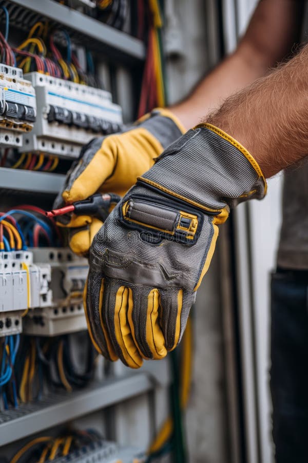 A Man in Uniform with Gloves, Working on an Electrical Panel with Wires ...