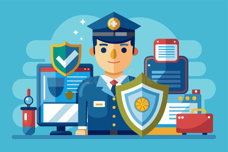 A Man in Uniform Holds a Shield in Front of a Computer in a Security ...