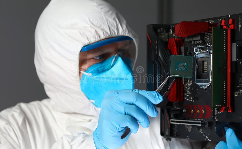 Man in Uniform Sets Microchip Electronic Equipment Stock Image - Image ...