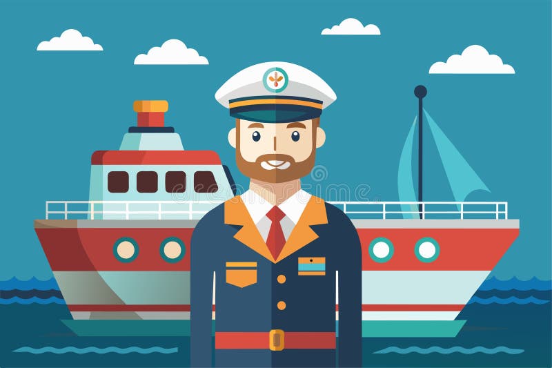 A Man in Uniform Stands Confidently in Front of a Boat, Boat Captain ...