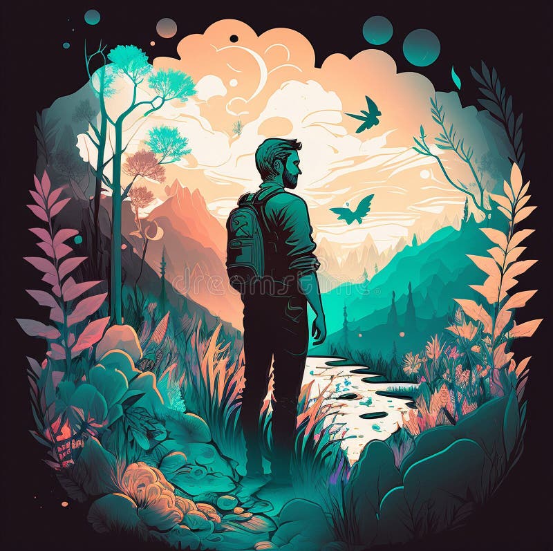 Man in unity with nature stock illustration. Illustration of love ...