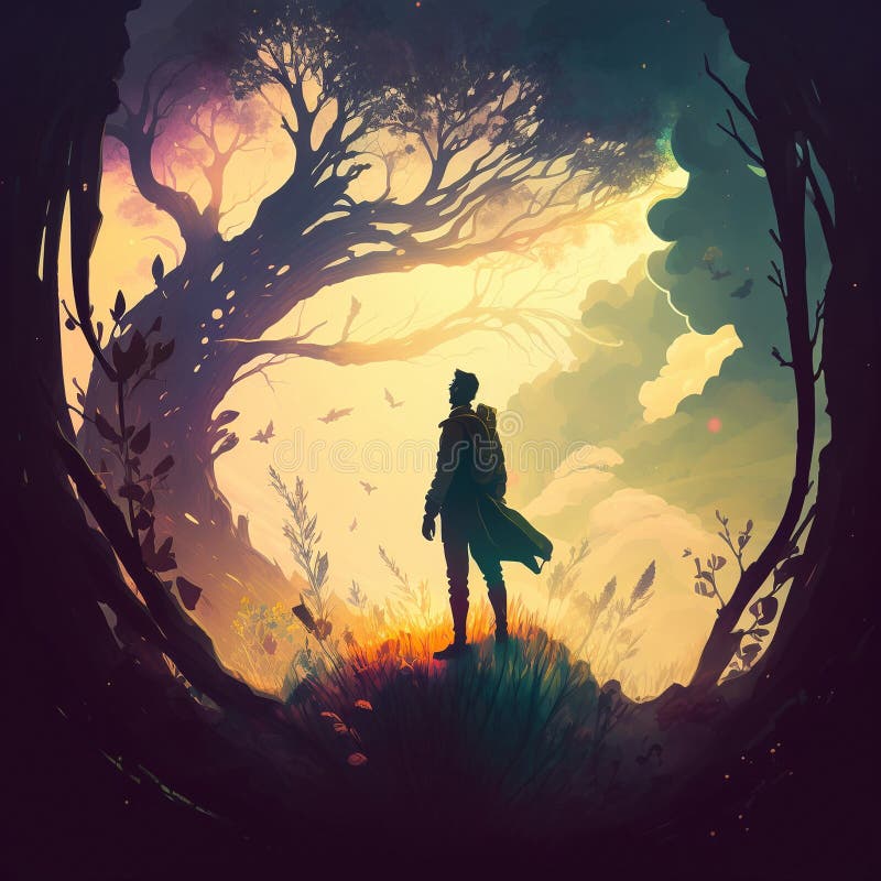 Man in unity with nature stock illustration. Illustration of together ...