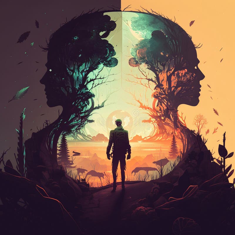 Man in unity with nature stock illustration. Illustration of together ...