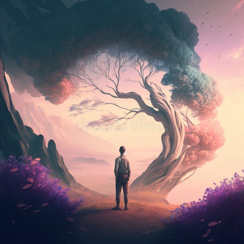 Man in unity with nature stock illustration. Illustration of drawings ...