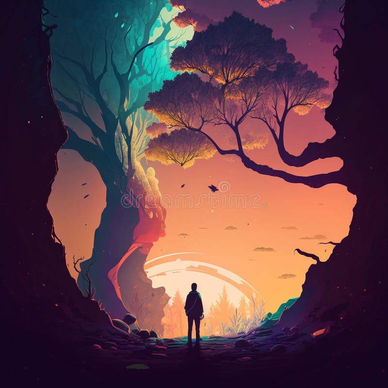 Man in unity with nature stock illustration. Illustration of together ...