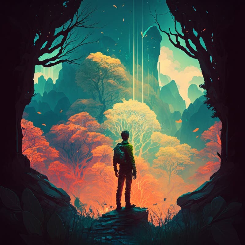 Man in unity with nature stock illustration. Illustration of ...