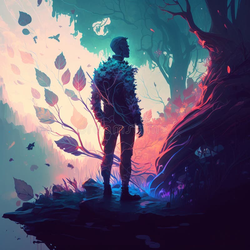 Man in unity with nature stock illustration. Illustration of together ...