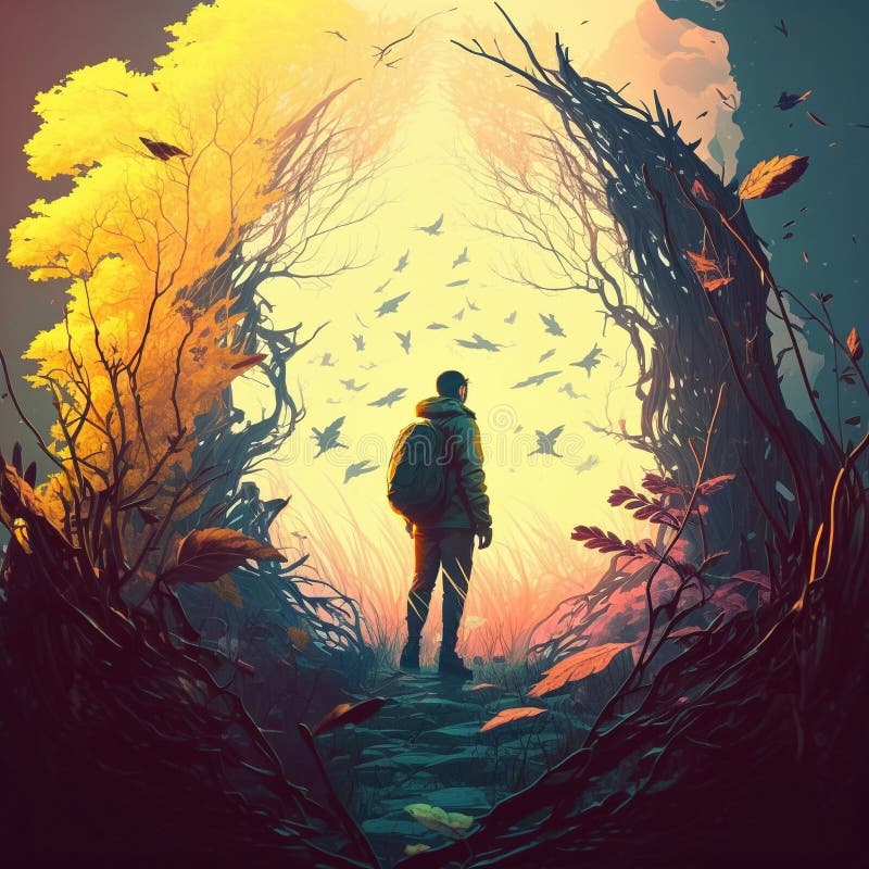 Man in unity with nature stock illustration. Illustration of person ...