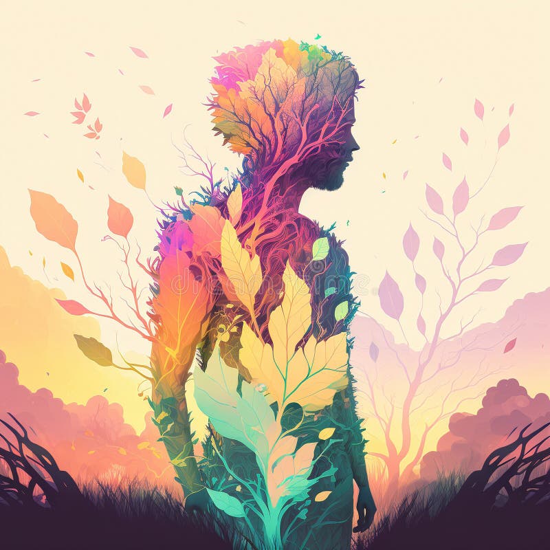 Man in unity with nature stock illustration. Illustration of together ...