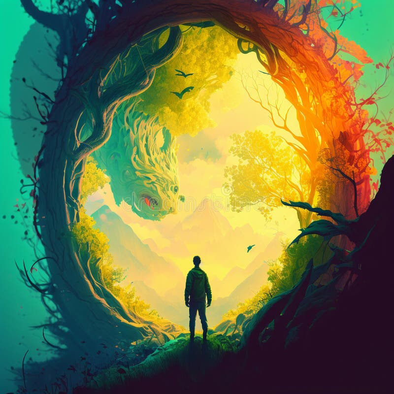 Man in unity with nature stock illustration. Illustration of together ...