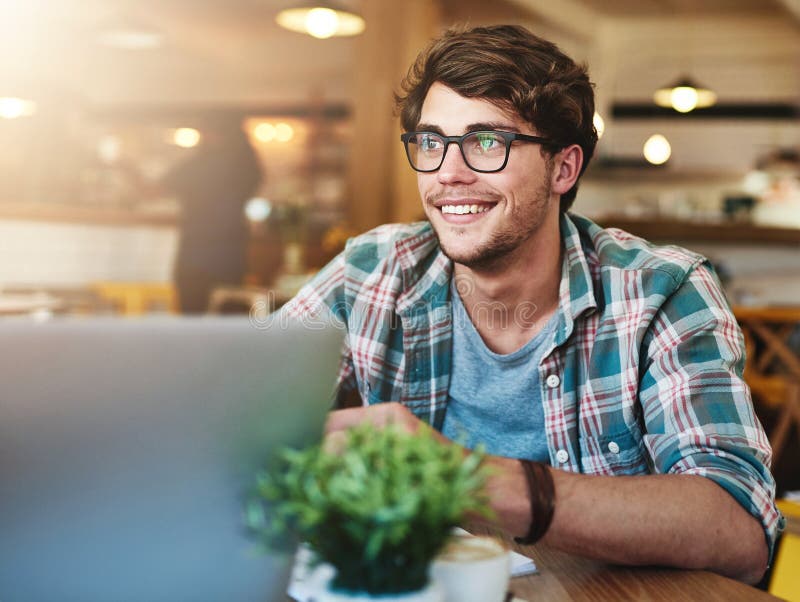 Man, University Student and Happy with Laptop at Cafe on Campus To ...