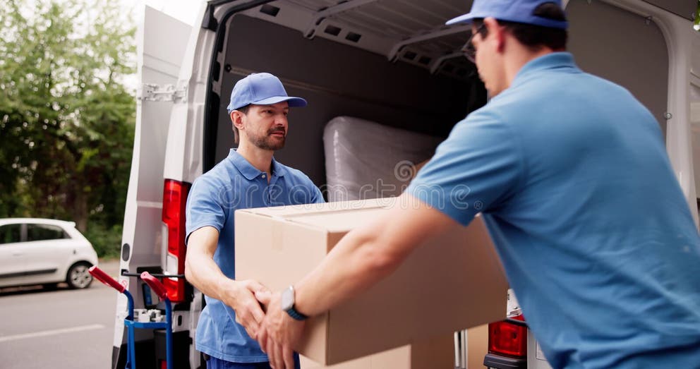 Man Unloading Boxes from Van for Removal and Delivery Service Stock ...