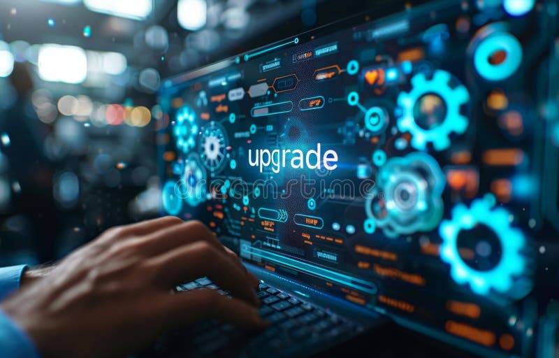 Man Upgrading Software on a Laptop with Dynamic Tech Interface Graphics Stock Image - Image of ...