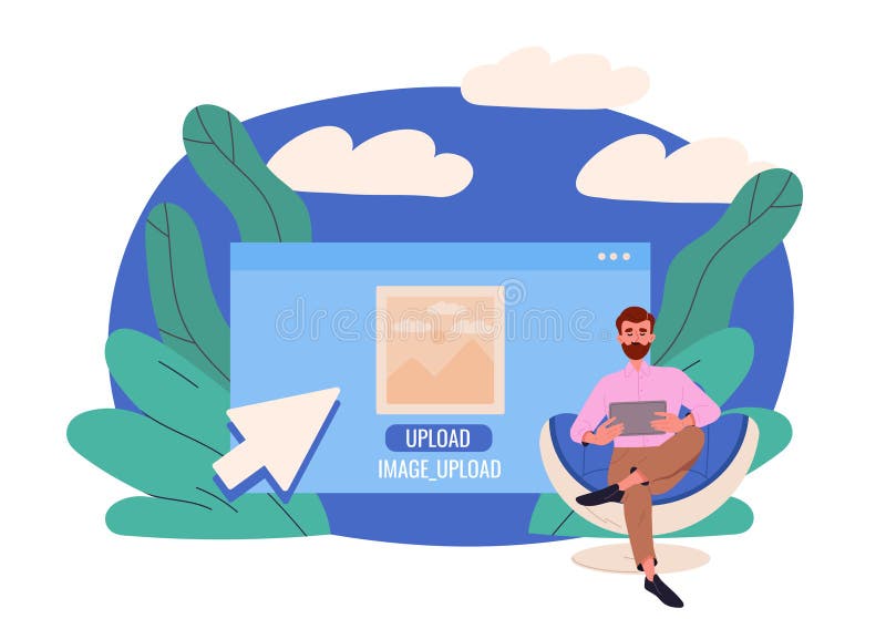 Man Uploads Image. Young Guy with Tablet Uploads Picture To Cloud ...