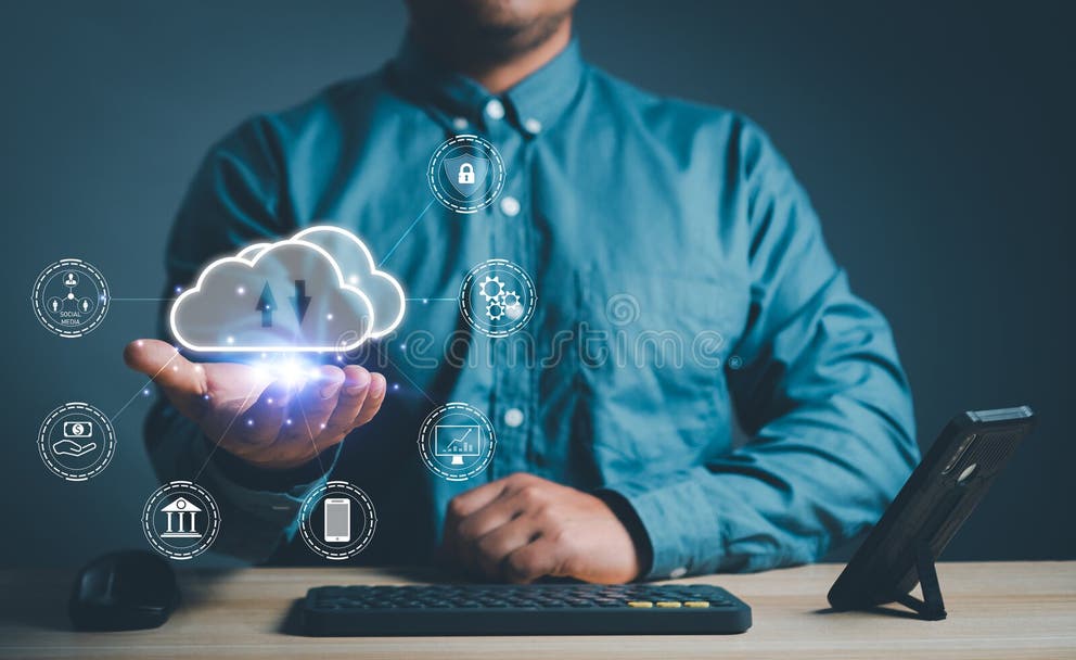 Man Use Connection Cloud Computing Diagram Show on Hand. Cloud ...