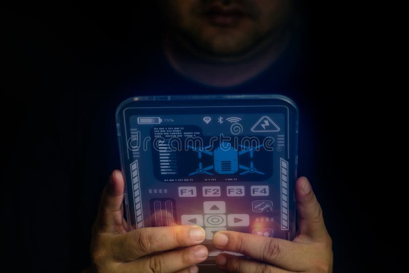 Man Use Digital Control Virtual Screen Interface for Drone Operator ...