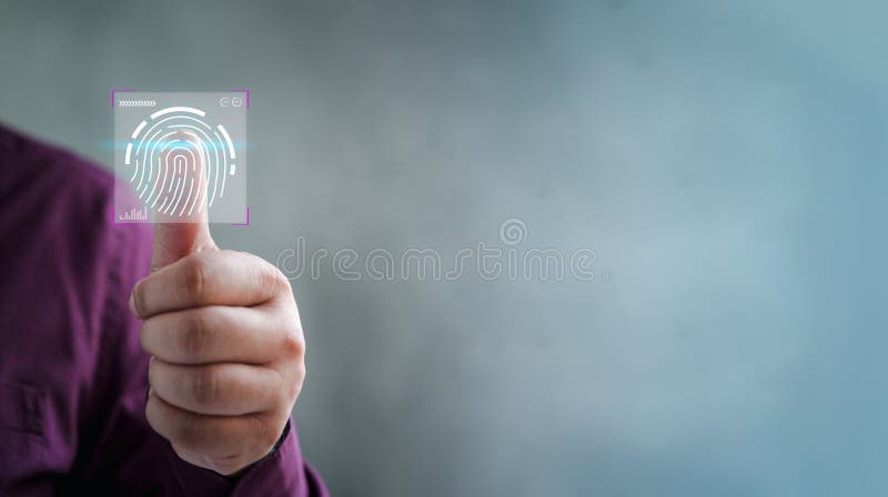 Man Use Fingerprint Scan Icon On Virtual Screen Authentication System