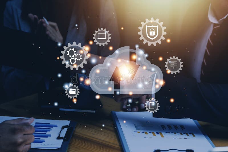 Man Use Laptop with Cloud Computing Diagram Show on Hand. Cloud Technology. Data Storage Stock ...