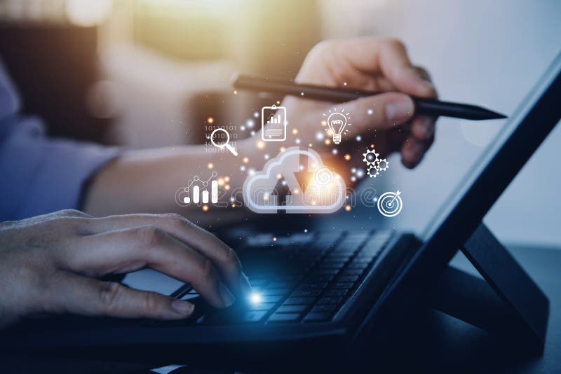 Man Use Laptop with Cloud Computing Diagram Show on Hand. Cloud ...