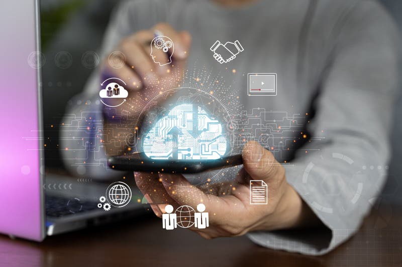 Man Use Laptop with Cloud Computing Diagram Show on Hand. Cloud Technology. Data Storage Stock ...