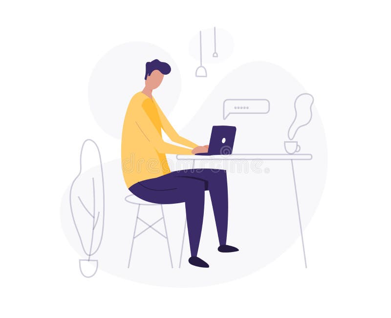 Man Use Laptop. Working at Home. Freelancer. Young Man, Student Vector ...