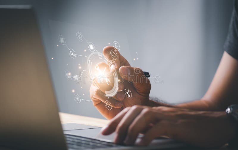 Man Use Laptop and Writing with Maintenance Sign Wrench and Srewdriver ...