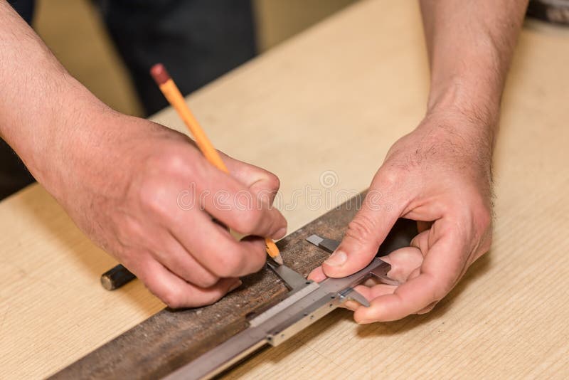 Man Working and Use a Pencil and Tape Measure Stock Photo - Image of ...