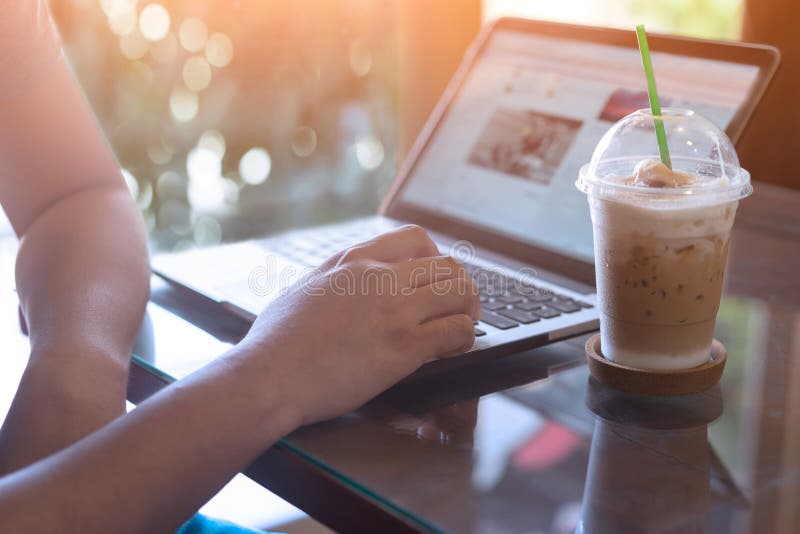 Man Use Online Computer at Coffee Shop. Stock Photo - Image of screen ...