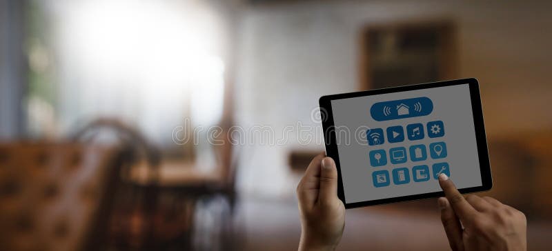 Man Use Smart Home Technology Interface on Smartphone App Internet of ...