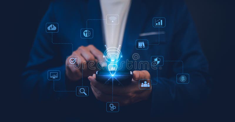 Man Use Smartphone with AI Robot Icon Surrounded by Connected Tech ...