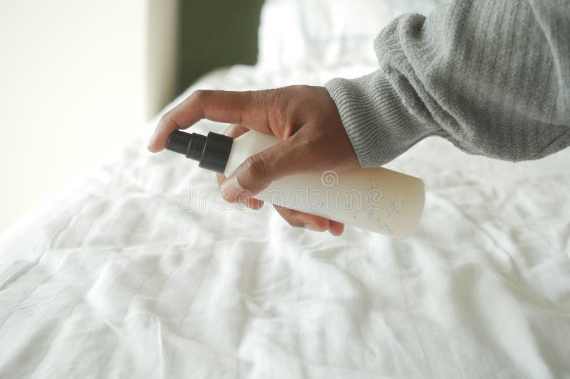 Man Use Spray for Clean the Bed at Home. Stock Image - Image of person ...