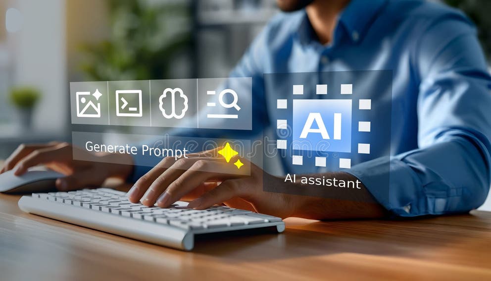 Man Uses AI Assistant To Generate Prompts for Creativity Stock ...
