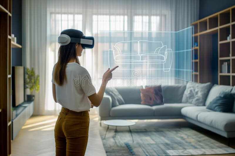 A Man Uses an Augmented Reality VR Headset for Interior Design. Stock ...