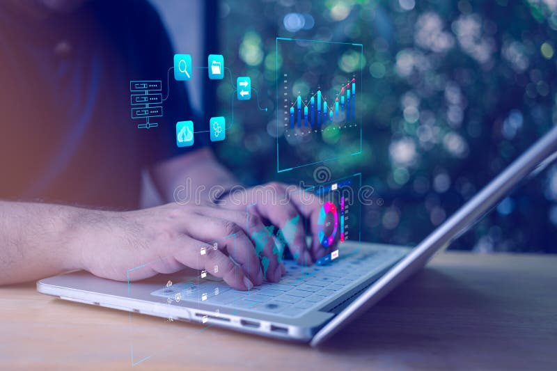 Man Uses a Computer and Dashboard for Data Business Analysis. Data Flow ...