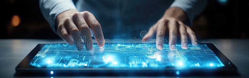 The Man Uses a High-tech Tablet, Intently Focused on Project Details ...