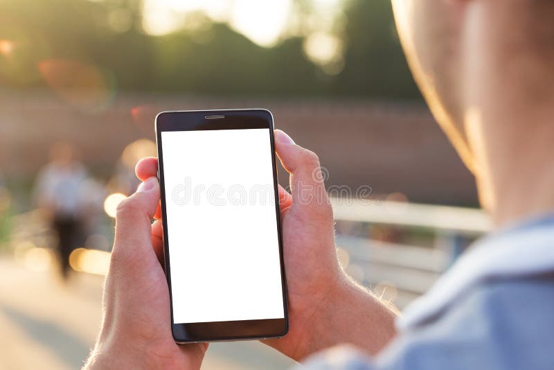 Man Uses His Mobile Phone Outdoor Stock Photo - Image of phone, bokeh ...