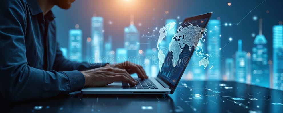 Man Uses Laptop. Globe Illustration on Screen. City Skyline. Internet ...
