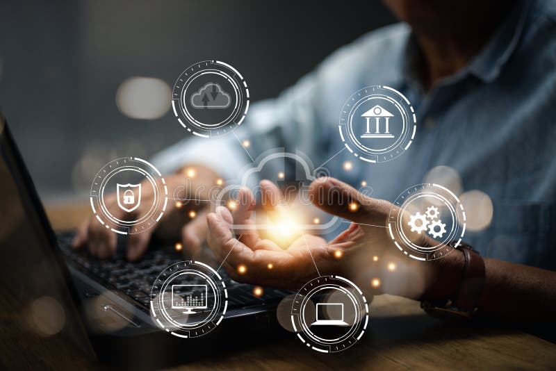 Man Uses Laptop To Connect To Cloud System Stock Image - Image of ...