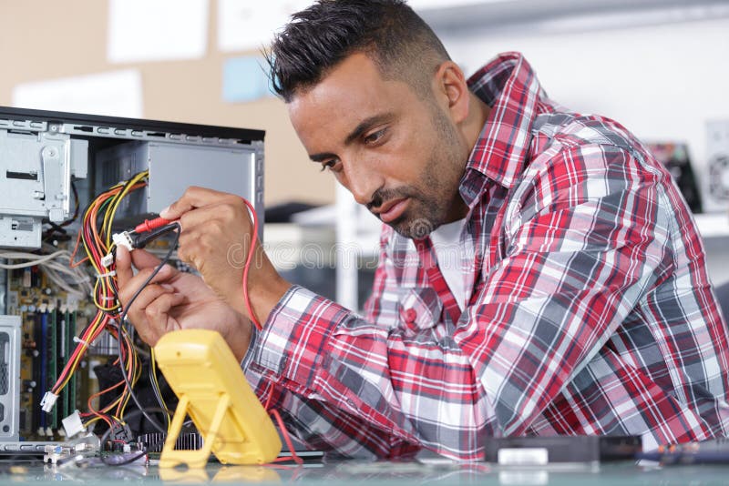 Man Uses Multimeter Voltmeter To Check Pc Stock Image - Image of ...