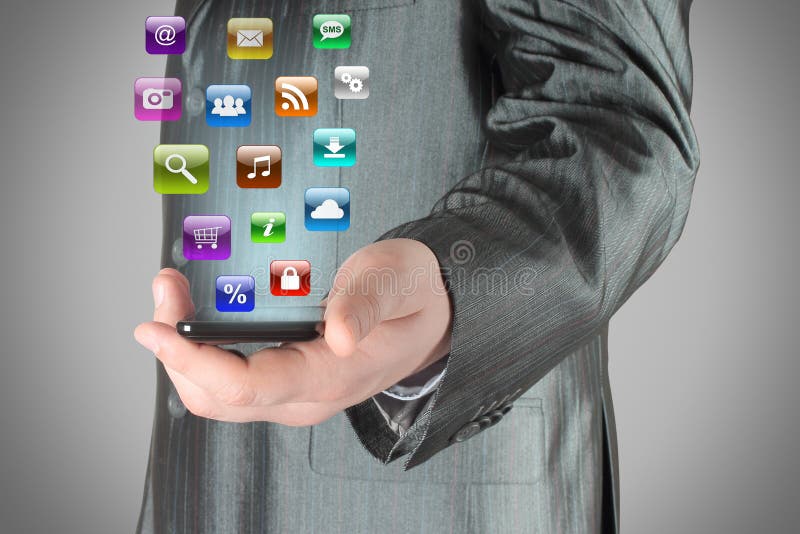 Man Uses Smart Phone with Icons Stock Image - Image of online, media ...